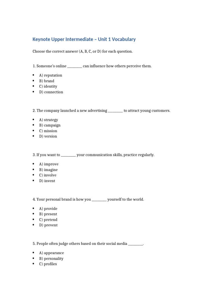 Keynote Upper Intermediate Unit1 Vocab Worksheet | PDF | Brand | Social ...