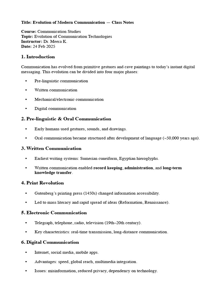 Evolution of Modern Communication - Class Notes | PDF