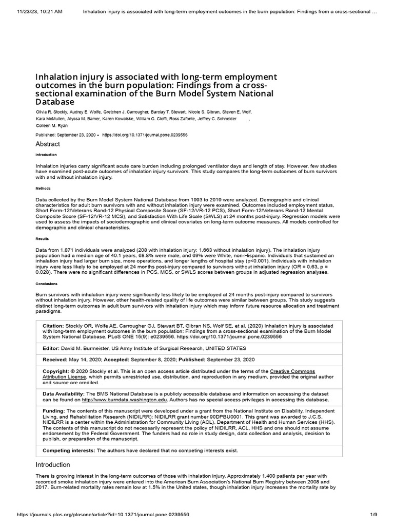 Inhalation Injury Is Associated With Long-Term Employment Outcomes in ...