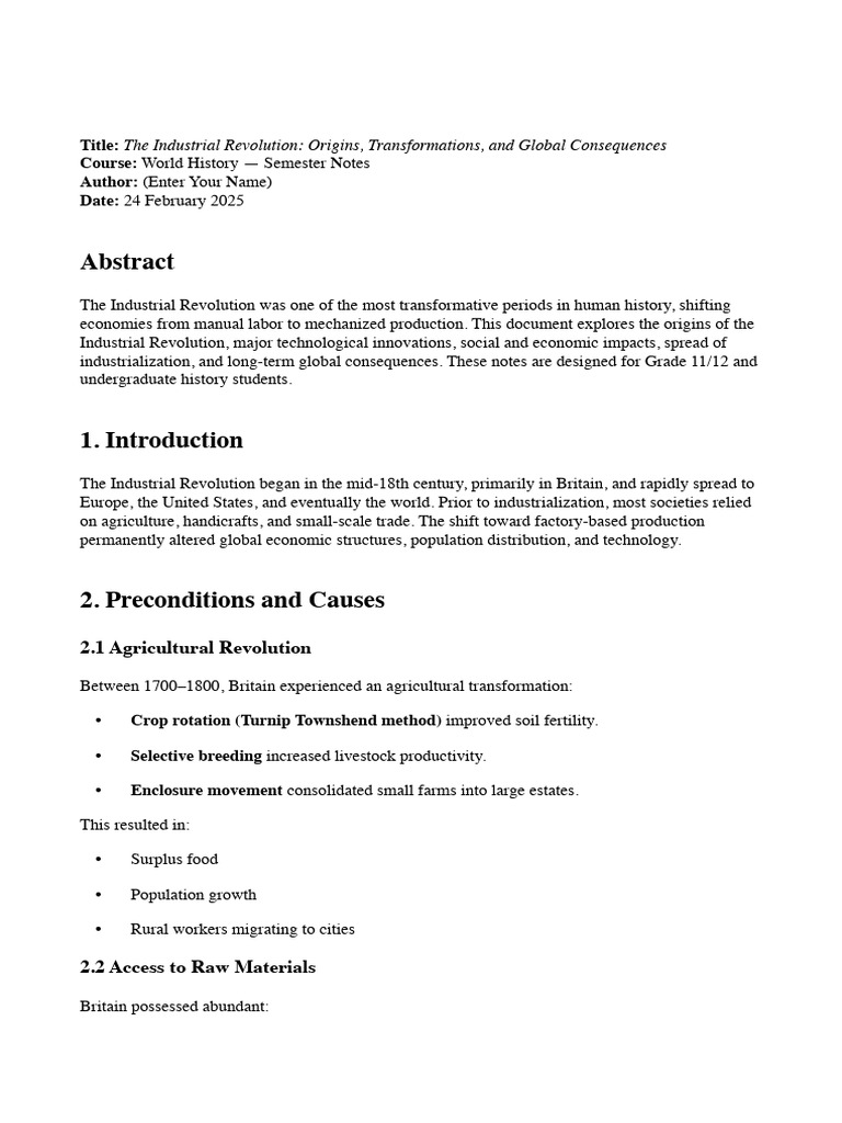 The Industrial Revolution - Origins, Transformations, and Global ...