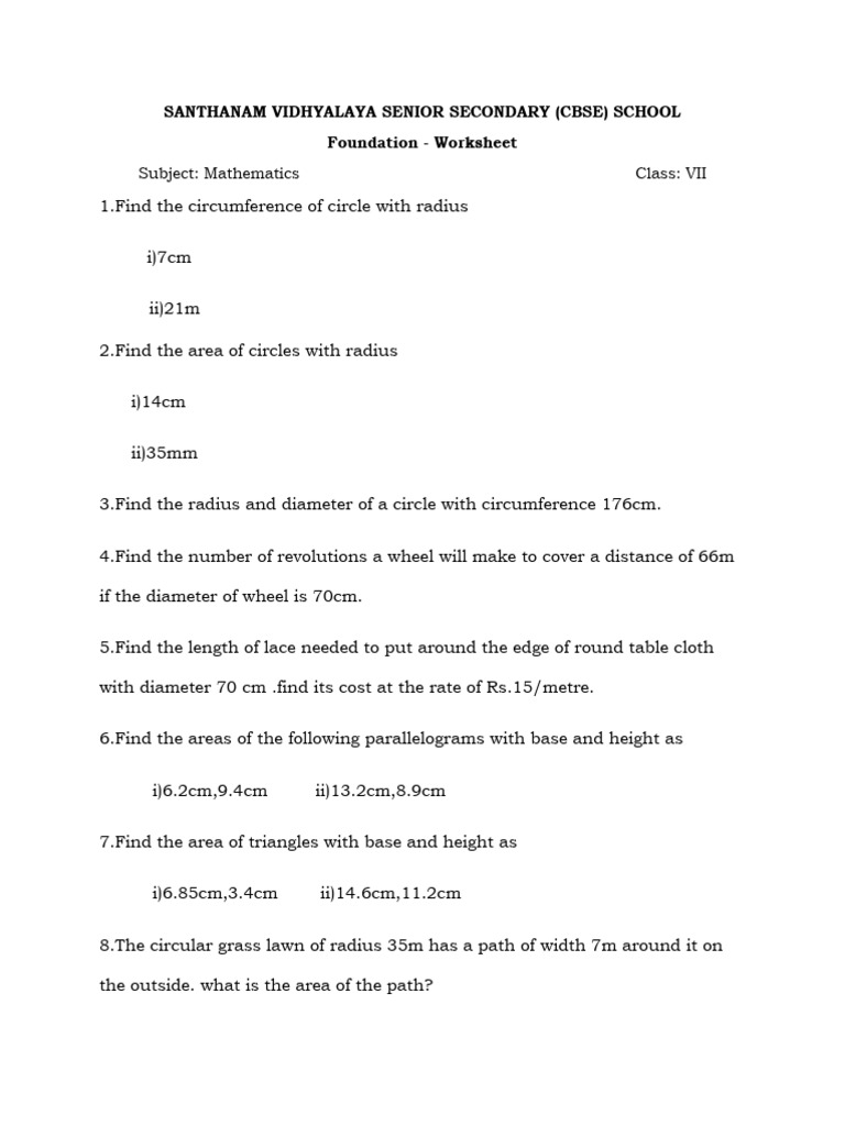 Worksheet Maths Class 7 | PDF