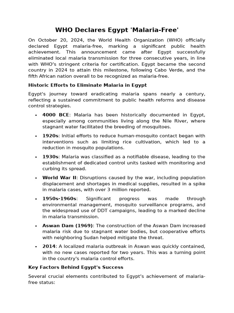 Egypt Achieves Malaria-Free Status | PDF | Malaria | Diseases And Disorders