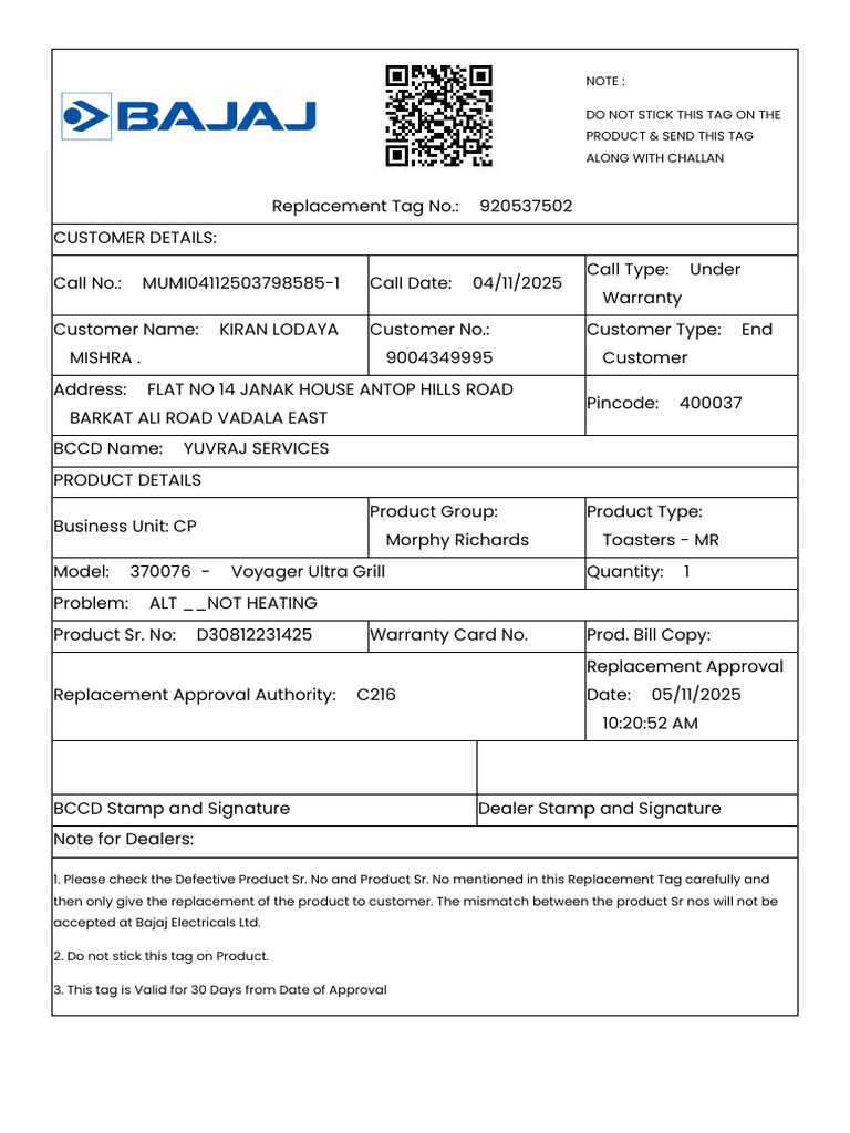 Replacement Tag Invoice 1762318252937 | PDF