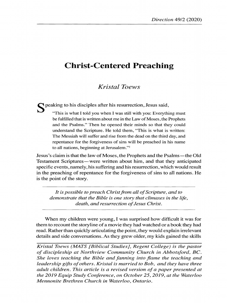 Toews, Kristal. “Christ-Centered Preaching.” Direction 49, no. 2 ...