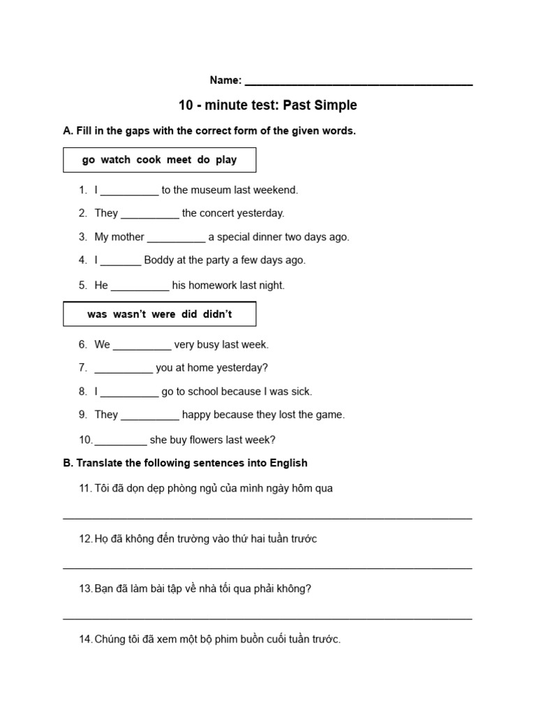 10-Minute Test - Past Simple | PDF