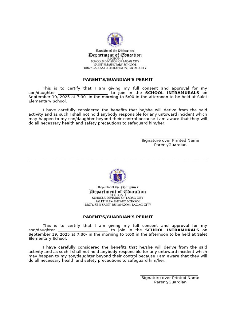 Parent Consent for School Intramurals | PDF