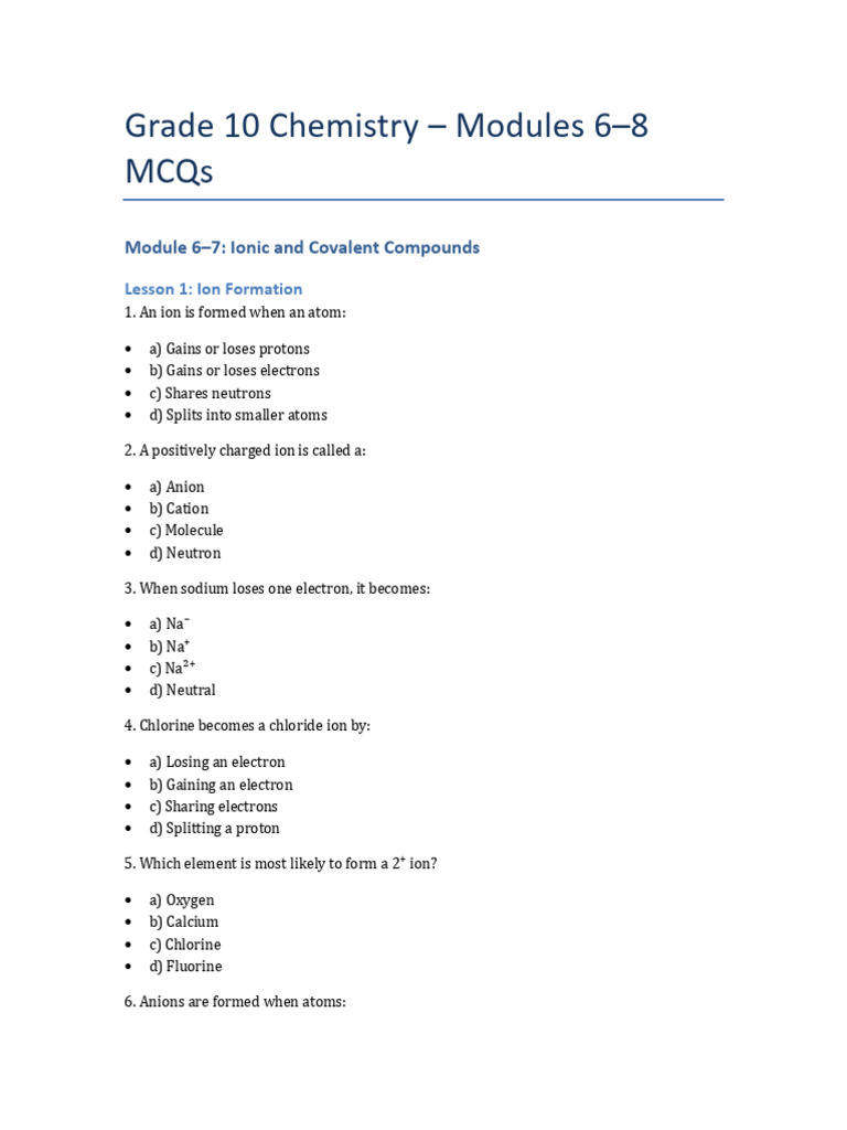 Grade10 Chemistry MCQs | PDF | Ion | Oxide