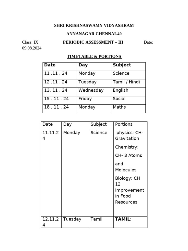 GRADE 9 Time Table and Portions | PDF