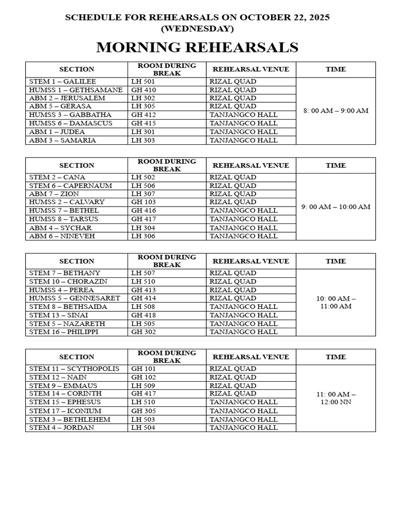 Schedule For Rehearsals October 22 2025 | PDF