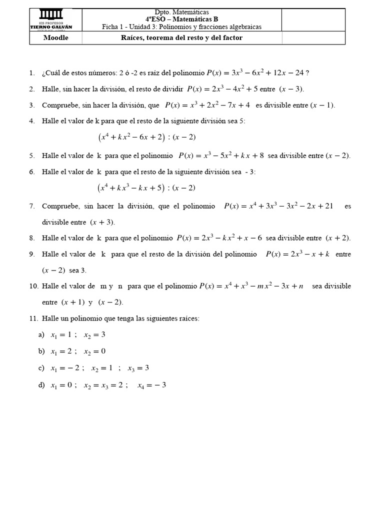 Ficha 1 Polinomios Th Resto y Factor UD3 MOODLE | PDF