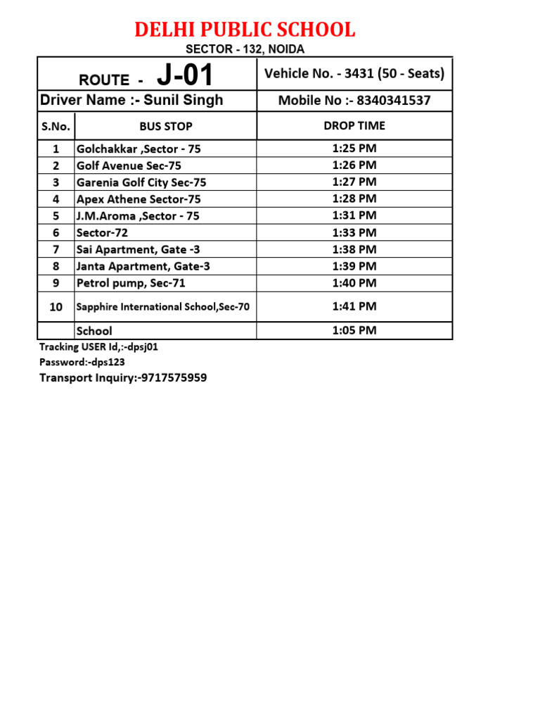 Delhi Public School Route J Details | PDF | Transport