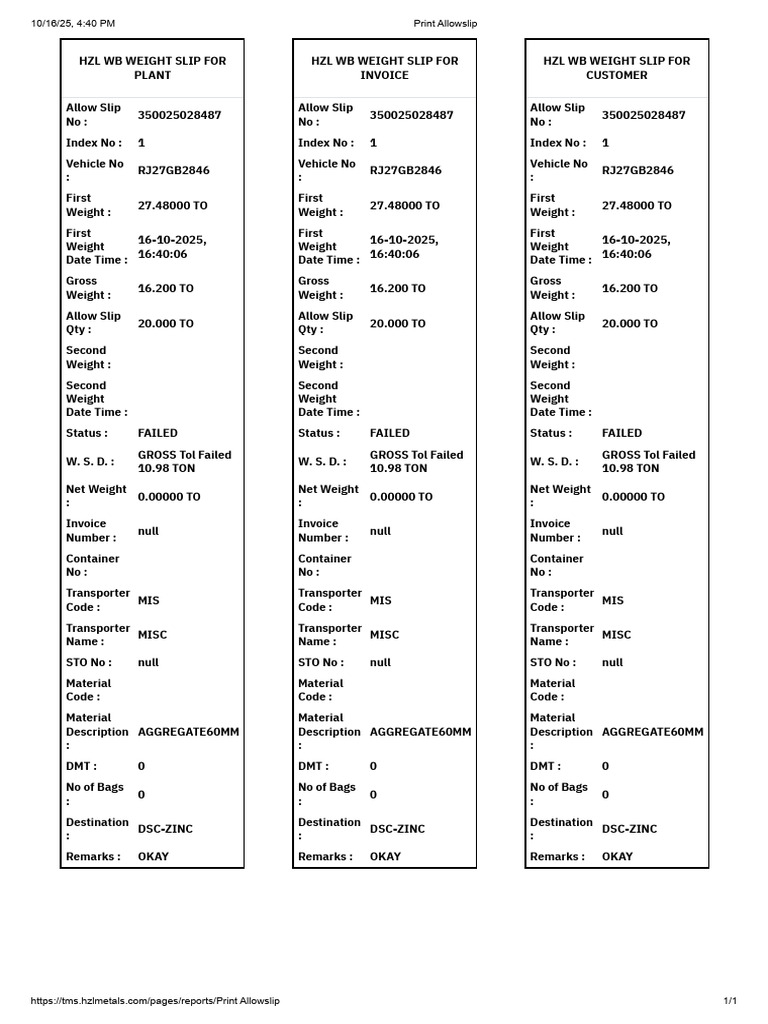 HZL Weight Slip for Aggregate 60MM | PDF