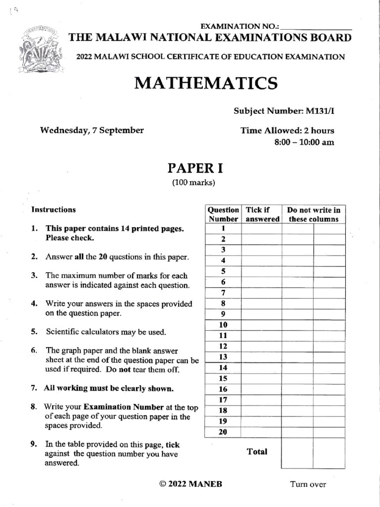 Mathematics Paper 1 MANEB 2022 | PDF | Circle | Angle