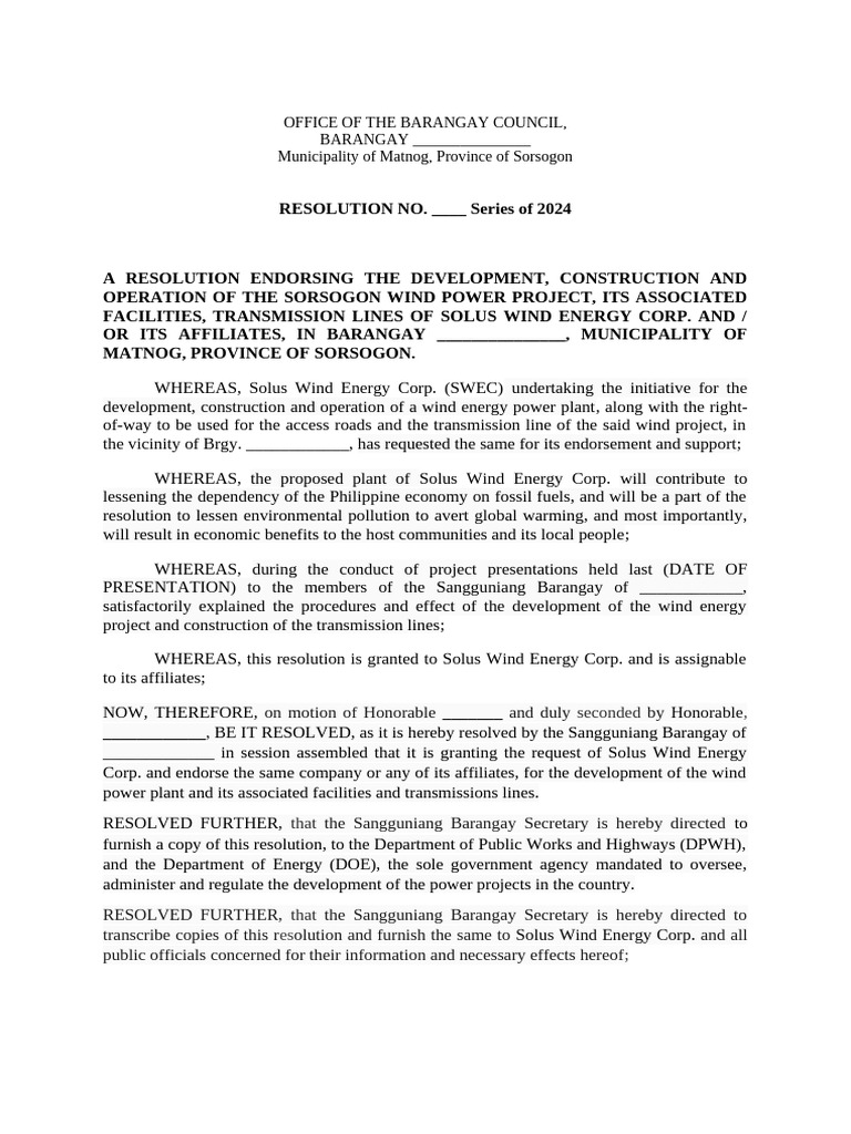 Swec Draft Barangay Resolution | PDF | Wind Power | Natural Environment
