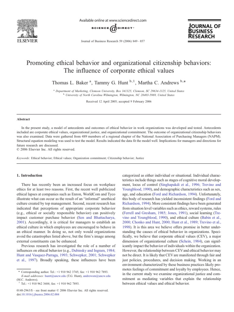 Promoting Ethical Behavior and Organizational Citizenship Behaviors ...