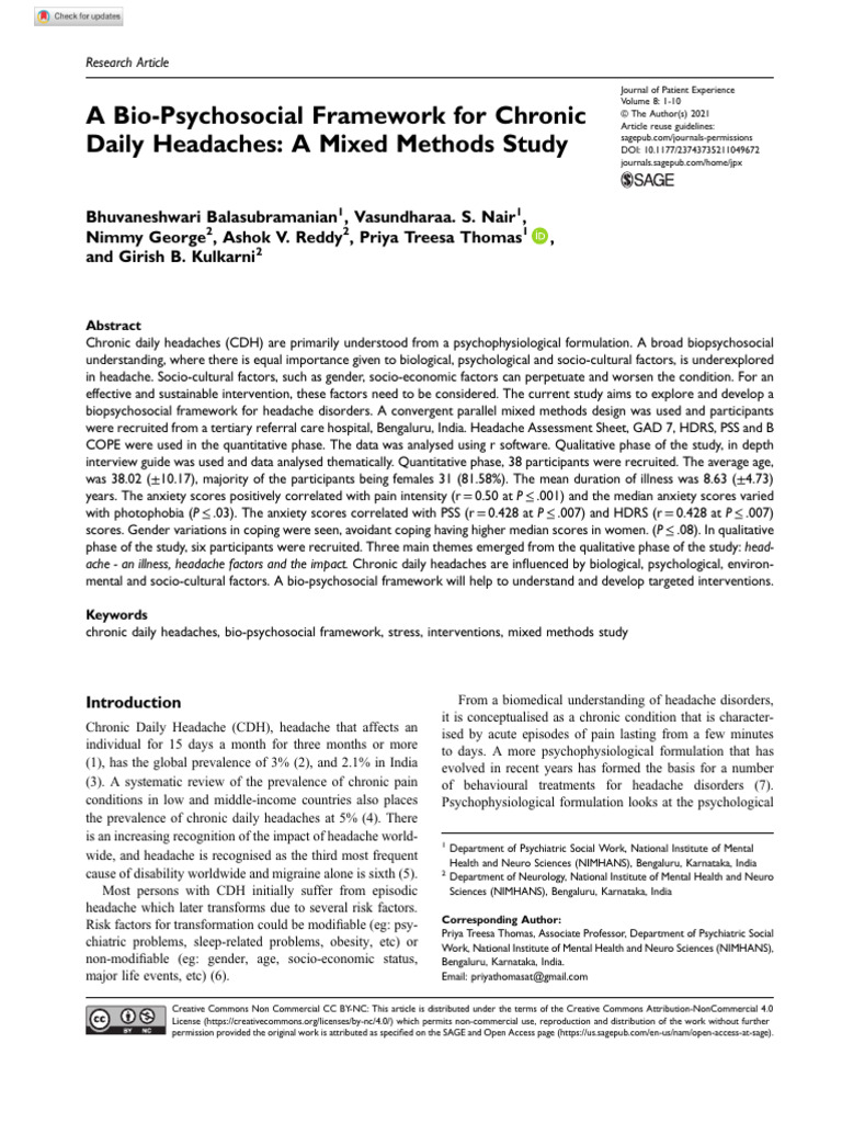 E3 - A Bio-Psychosocial Framework For Chronic Daily Headaches A Mixed ...