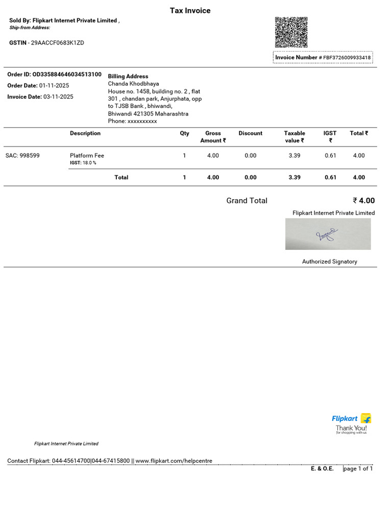 Flipkart Tax Invoice for Order OD335884646034513100 | PDF | Sales ...