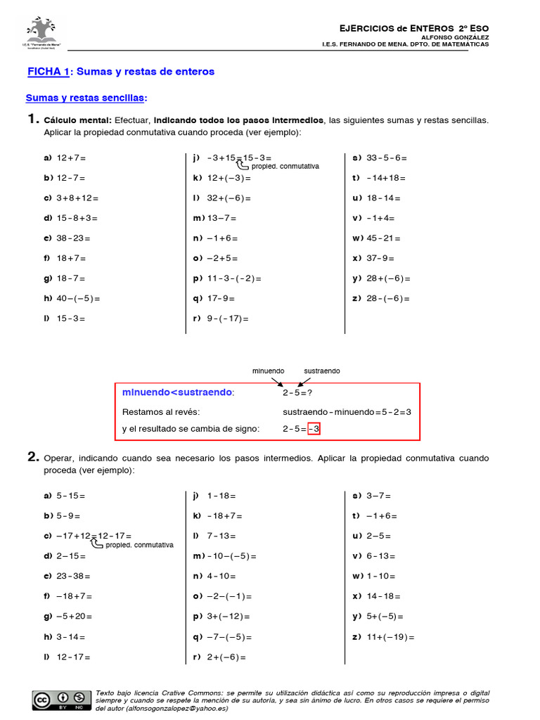 Ejercicios de Sumas y Restas de Enteros | PDF | Sustracción | Aritmética