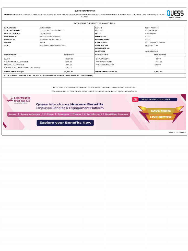 Lingampelly - Srikanth - August 2025 - Salary Slip - August-2025 | PDF
