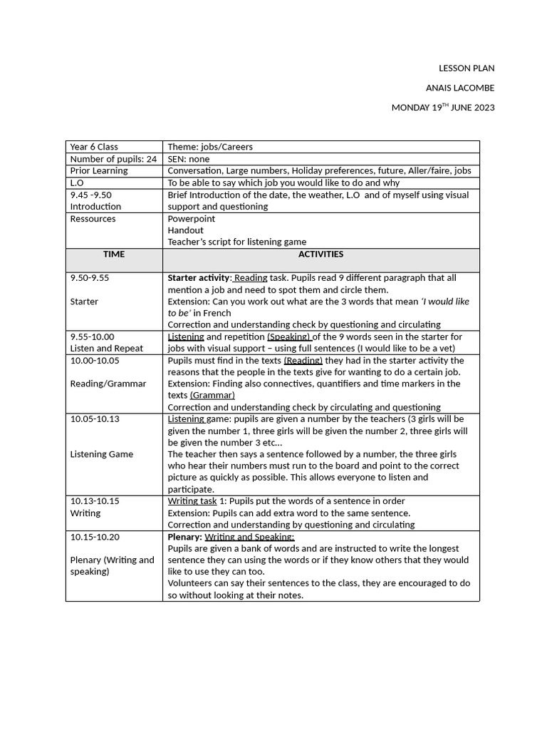 Lesson Plan Jobs Year 6 | PDF | Education Theory | Teaching
