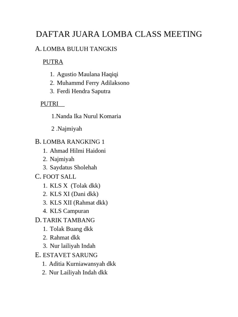 Daftar Juara Lomba Class Meeting 2023 2024 | PDF