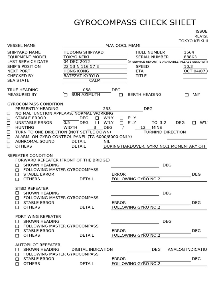 Gyrocompass Check Sheet | PDF | Water Transport | Watercraft