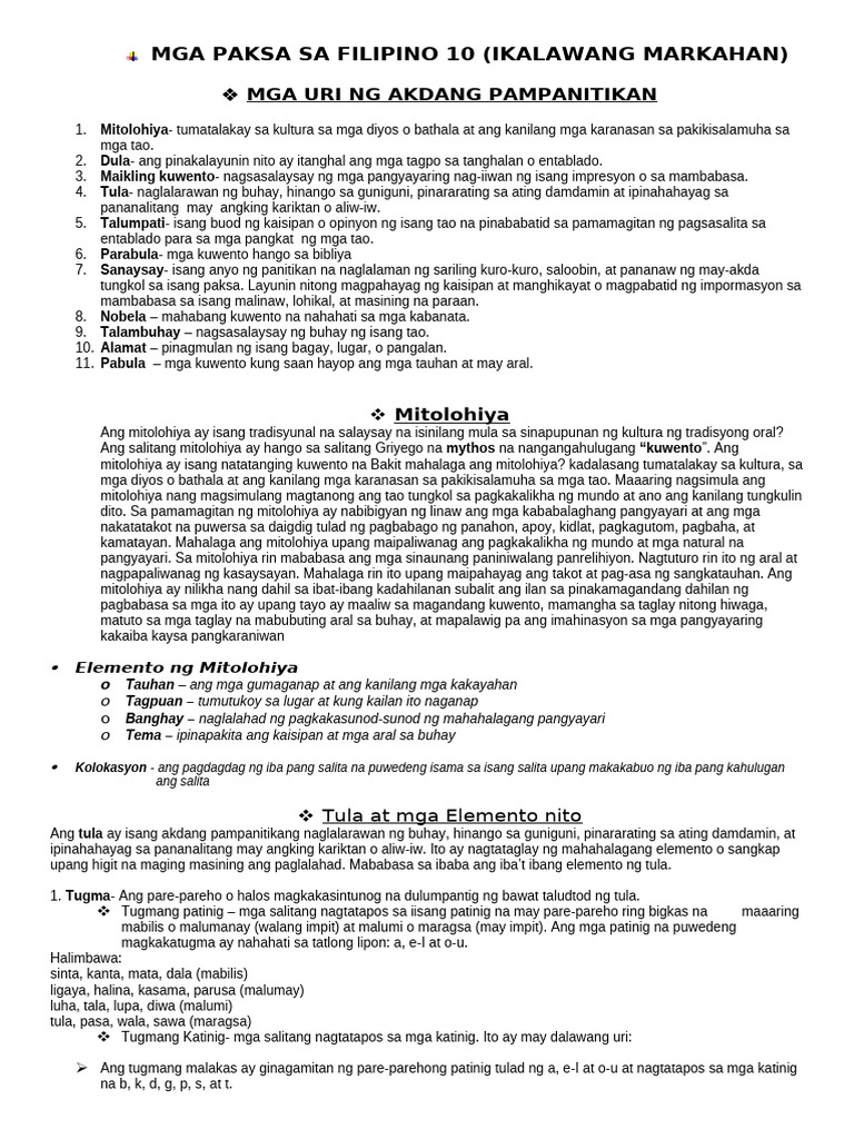 Study Guide Sa Mga Paksang Aralin Sa Filipino 10 Quarter 2 | PDF