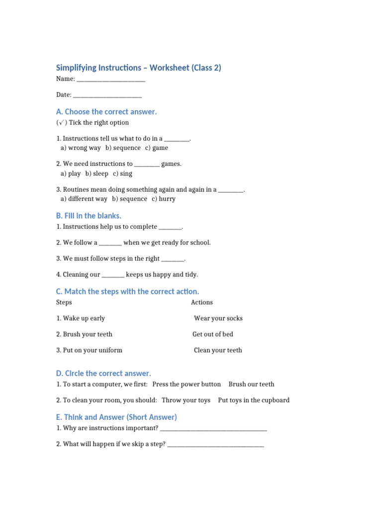Simplifying Instructions Worksheet Class2 | PDF