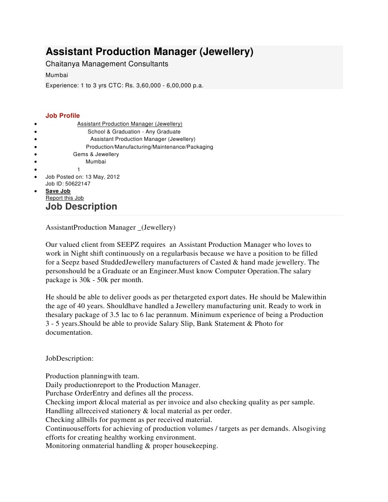 Assistant Production Manager | PDF | Business | Economies
