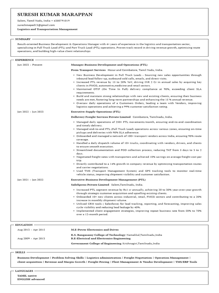 Resume Suresh Kumar | PDF | Logistics | Cargo