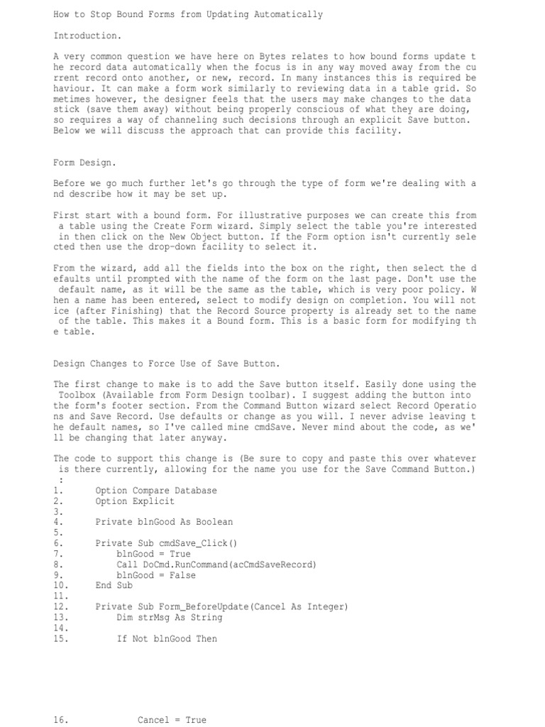 Stop Automatic Update On Ms Access Bound Forms Pdf Boolean Data Type Information
