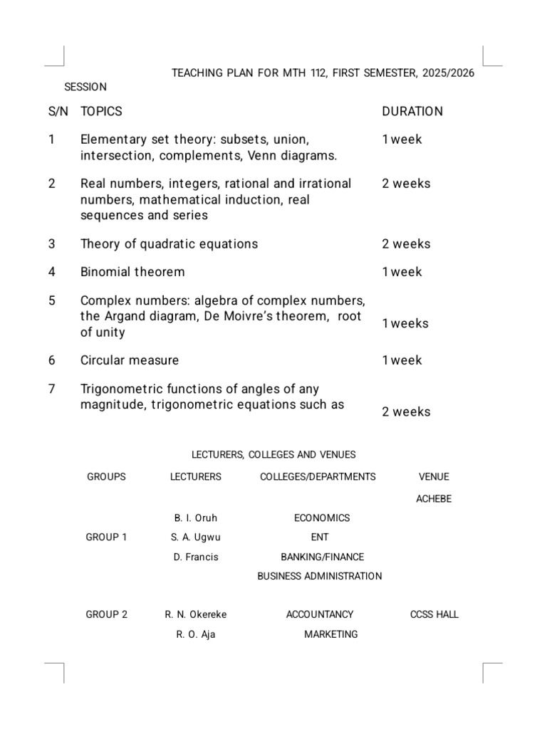 MTH 112 Teaching Plan 2025/2026 | PDF