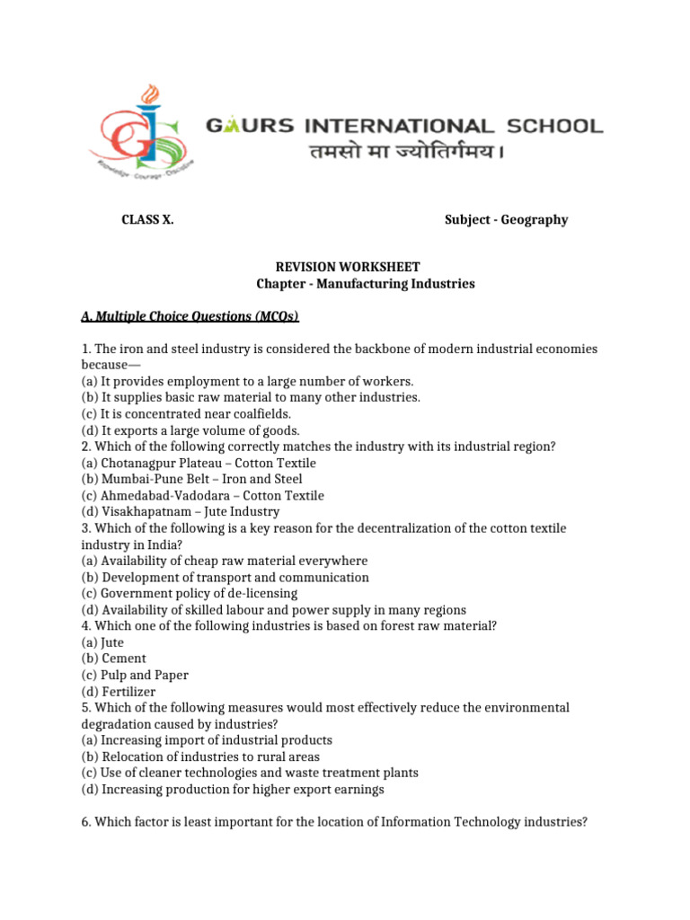 Class X Geography: Manufacturing Industries Worksheet | PDF | Economies ...