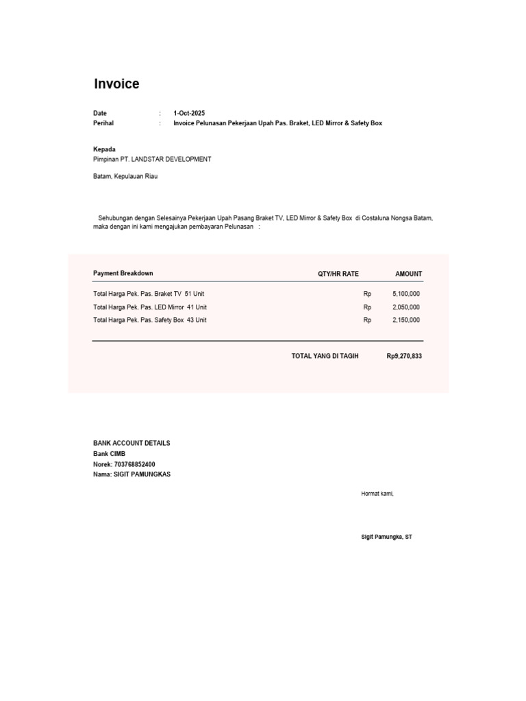 Invoice - Pelunasan - Braket TV, Led Mirror & Safety Box | PDF