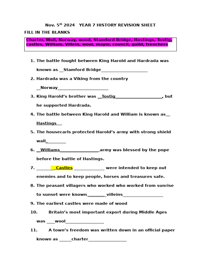 Year 7 History Revision: Battles & Castles | PDF | Castle | Warfare Of ...