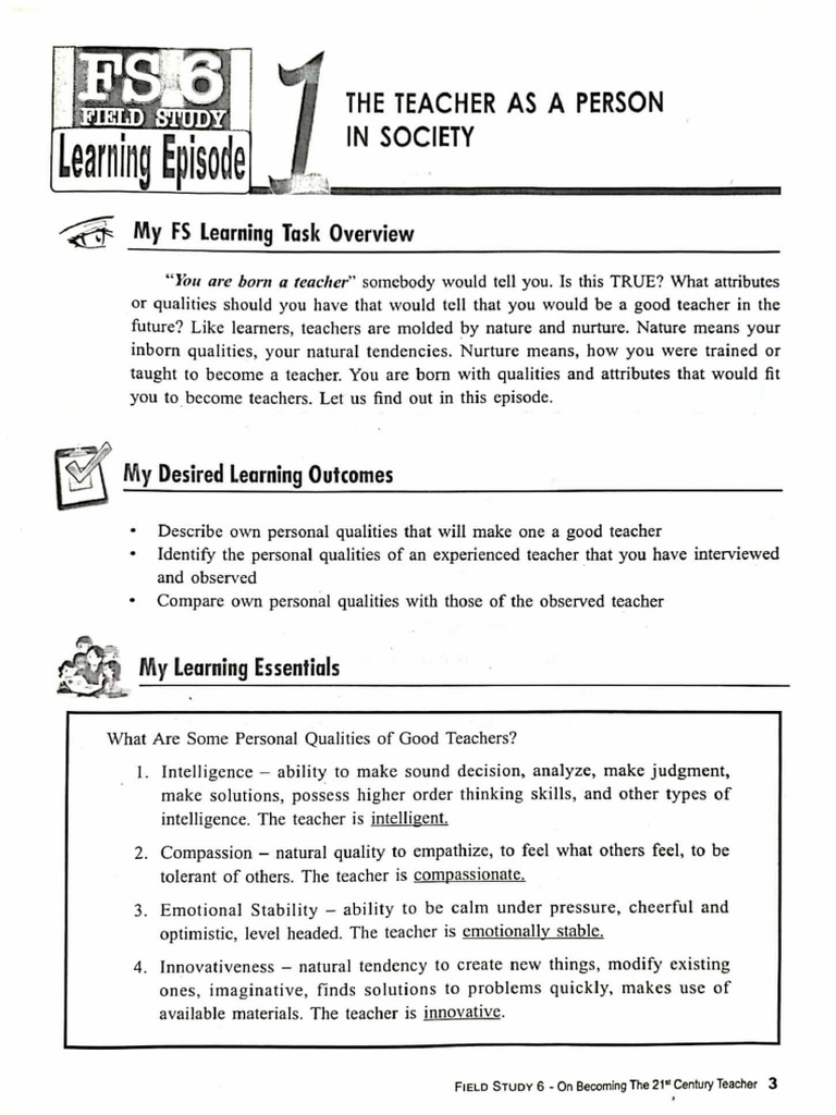 EPISODE 1 - Field Study (The TEacher As A Person in Society) | PDF