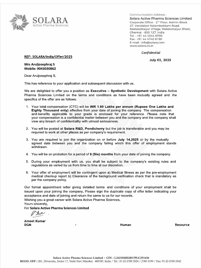 Offer Letter Arul Joseph Raj | PDF