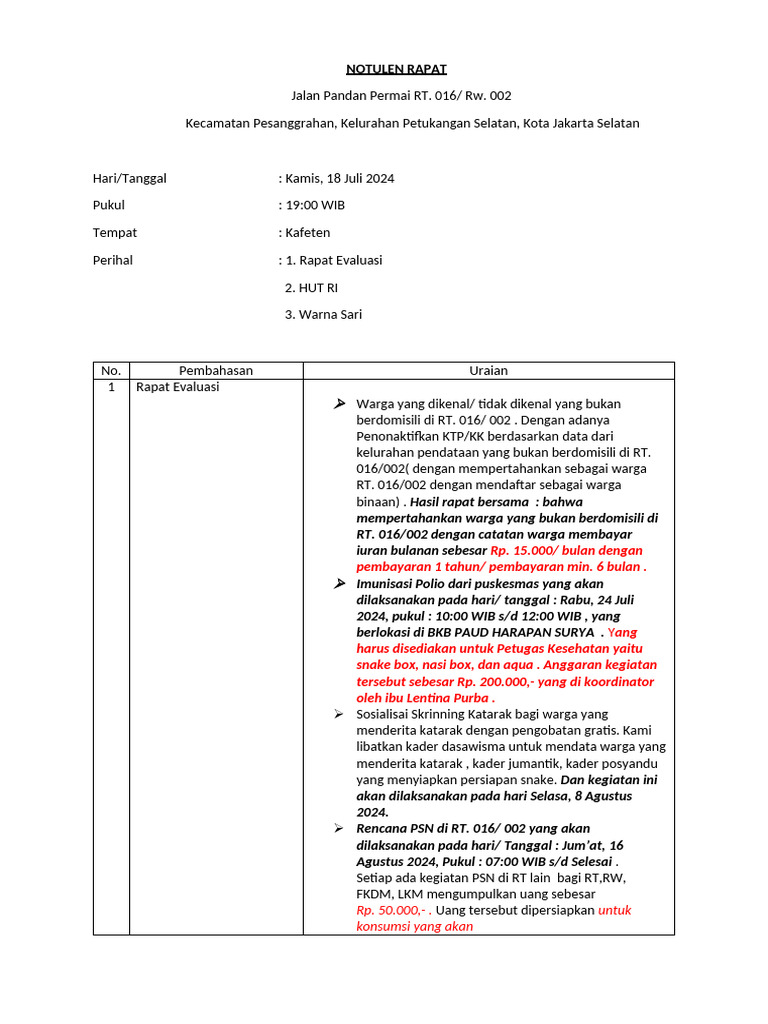 NOTULEN RAPAT RT. 016.02 2024 | PDF