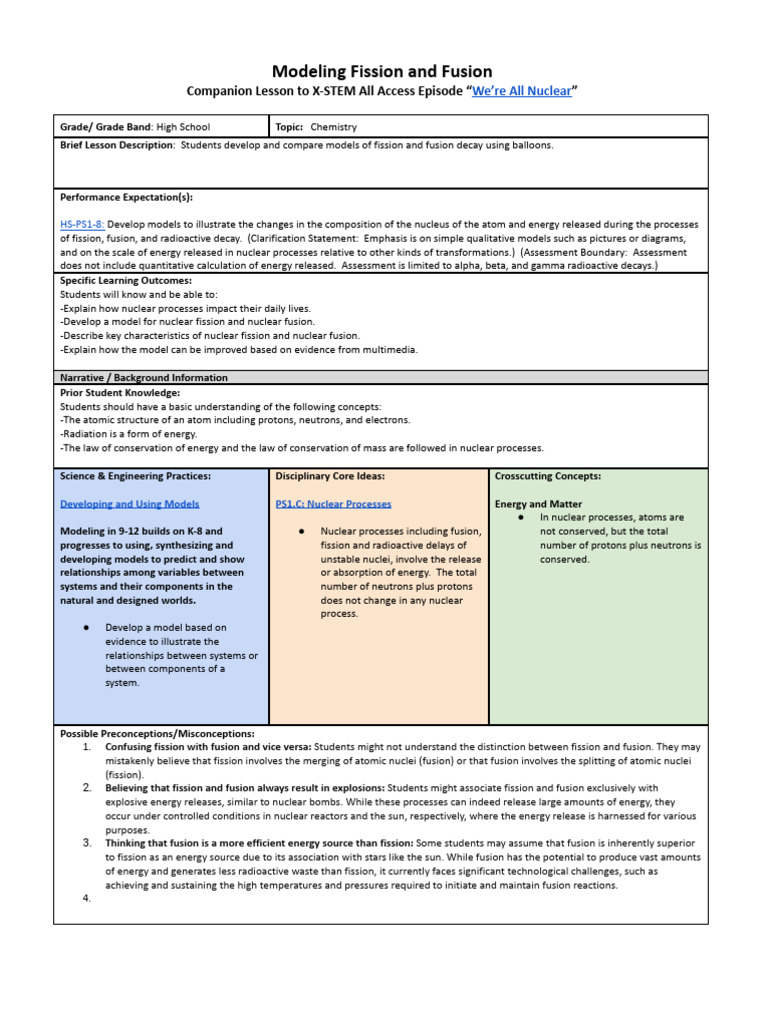 Fission and Fusion Modeling Lesson | PDF | Nuclear Fission | Nuclear Fusion