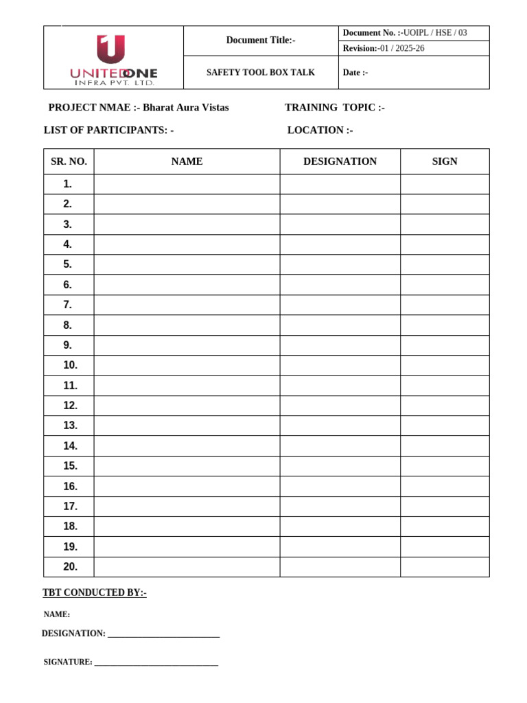 UOIPL HSE 03 TBT Attandance Sheet | PDF