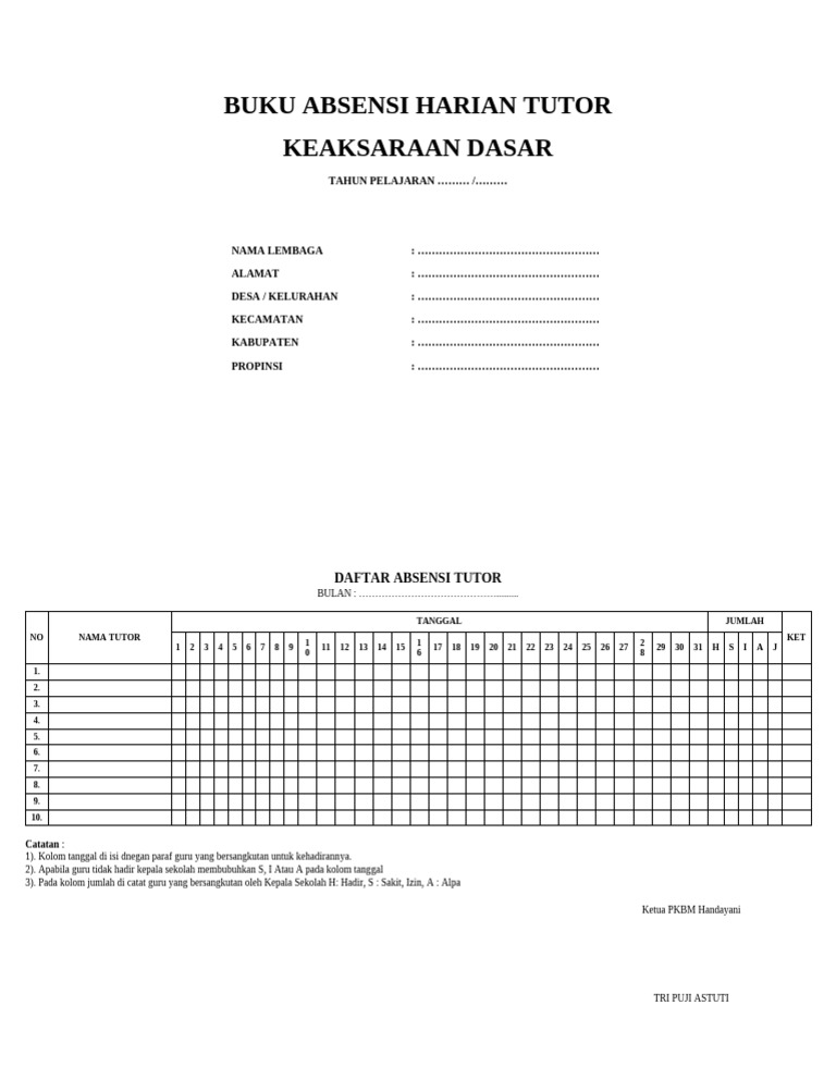 Buku Absensi Tutor Keaksaraan Dasar | PDF