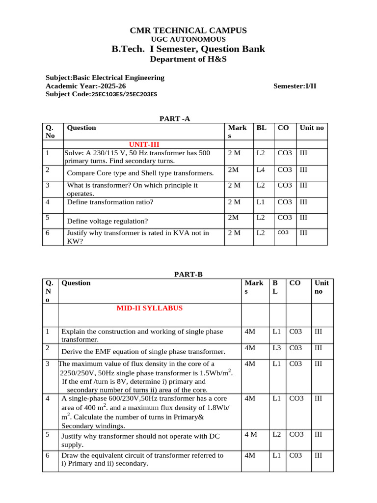 UNIT-3 Assessment 1 QB | PDF | Transformer | Electricity