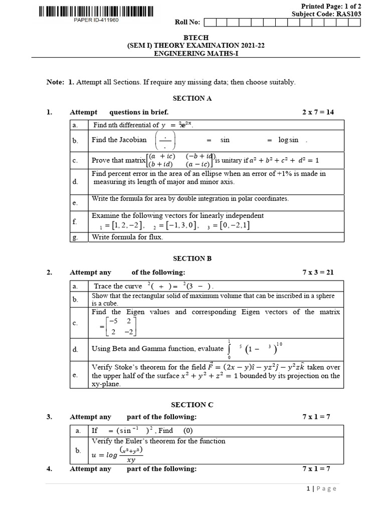 Engineering Maths-I Exam Paper 2021-22 | PDF | Eigenvalues And ...