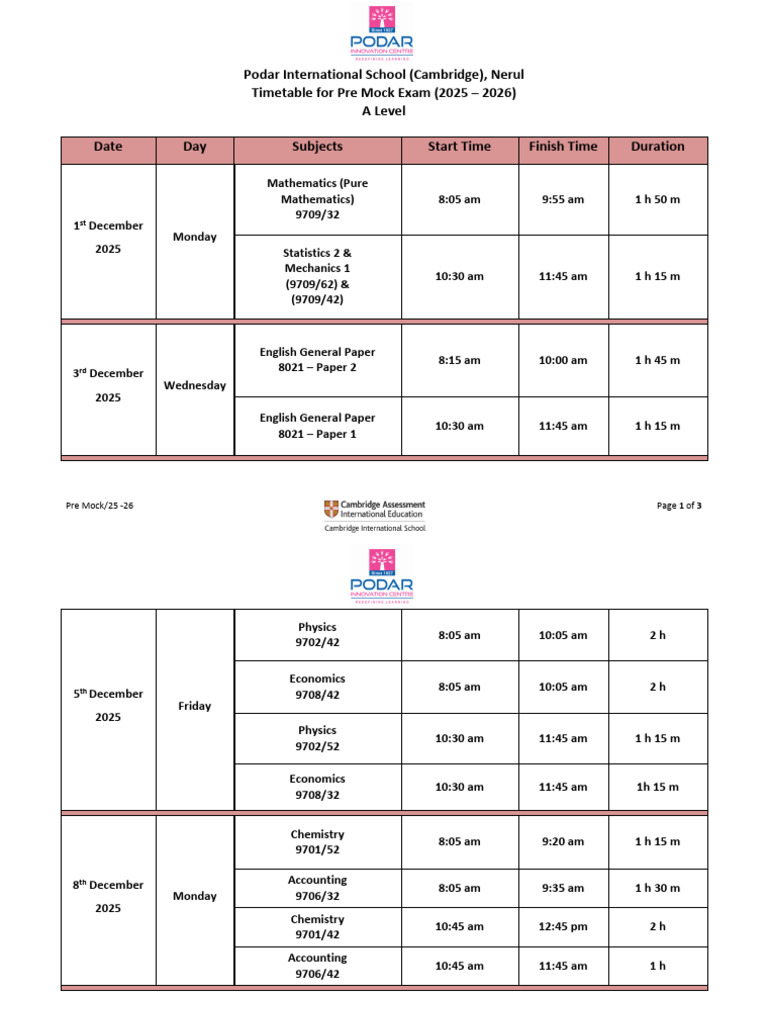 Pre Mock Exam Timetable 2025-2026 | PDF | Educational Stages