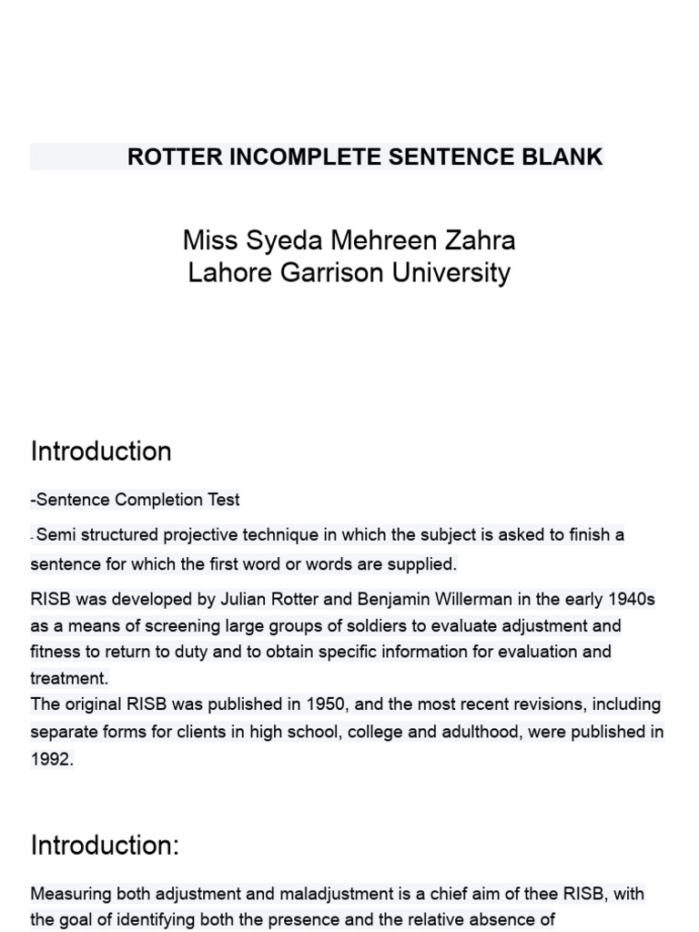 Rotter Incomplete Sentence Blank | PDF | Psychology | Behavioural Sciences