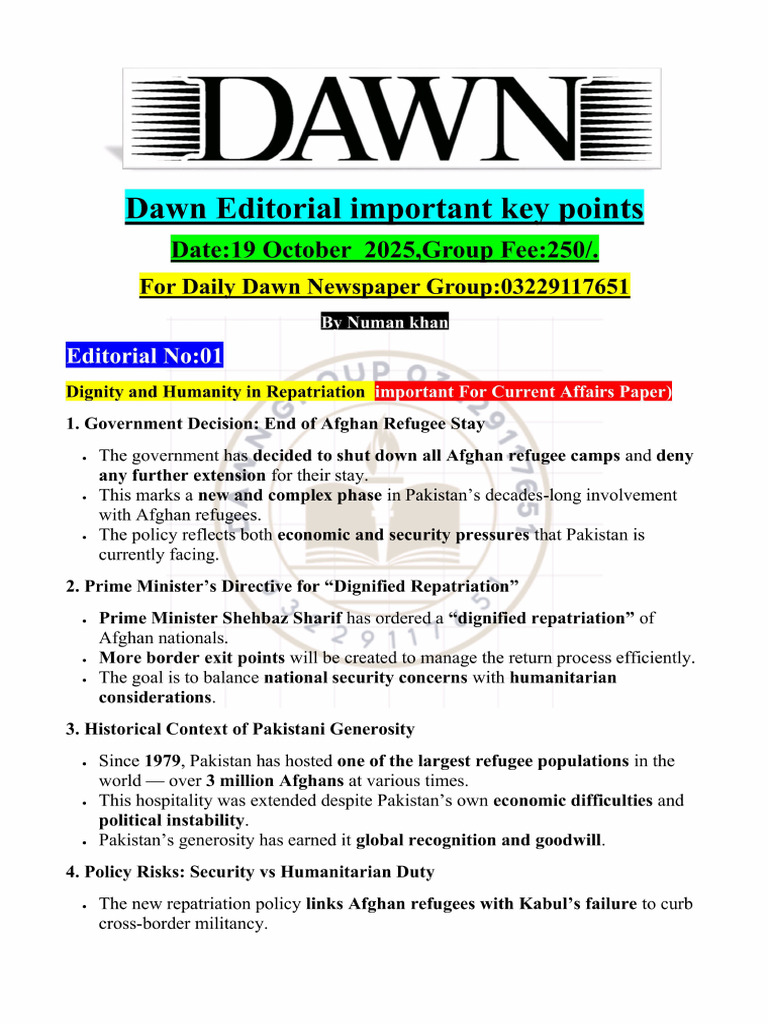 19 October Dawn Editorial Important Key Points 2025 | PDF
