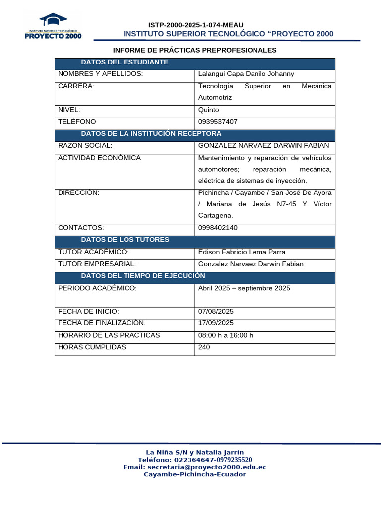 Formato para Presentación de Informe de Prácticas Preprofesionales ...