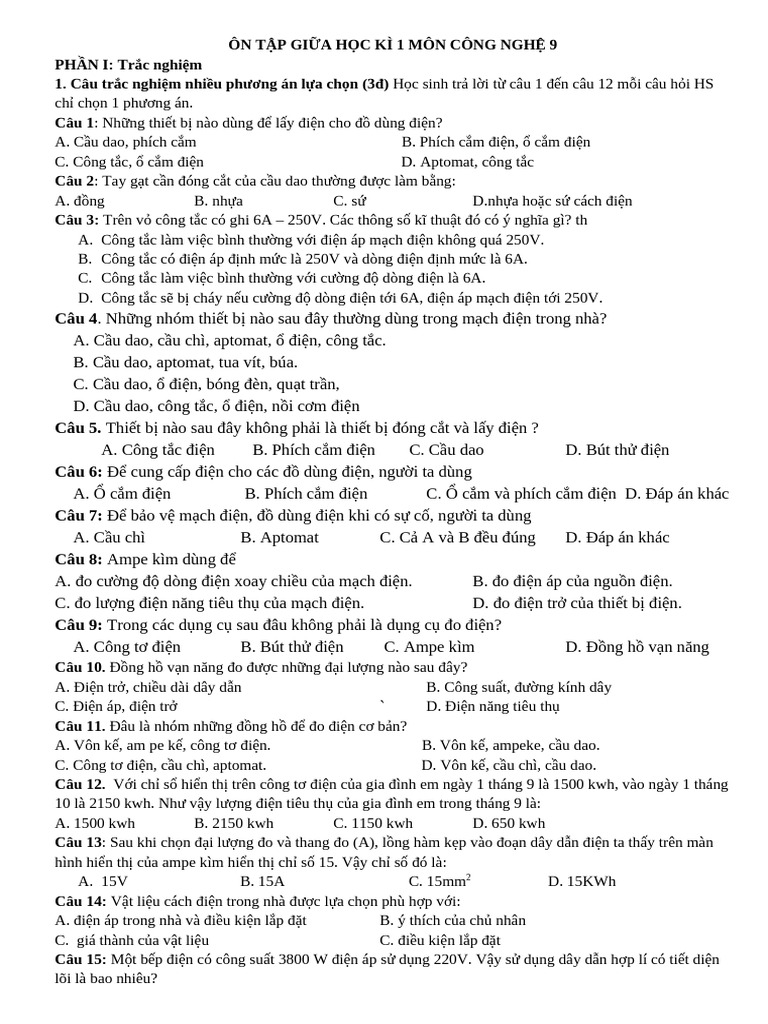 Câu hỏi ôn tập giữa kì 1 cn 9 | PDF