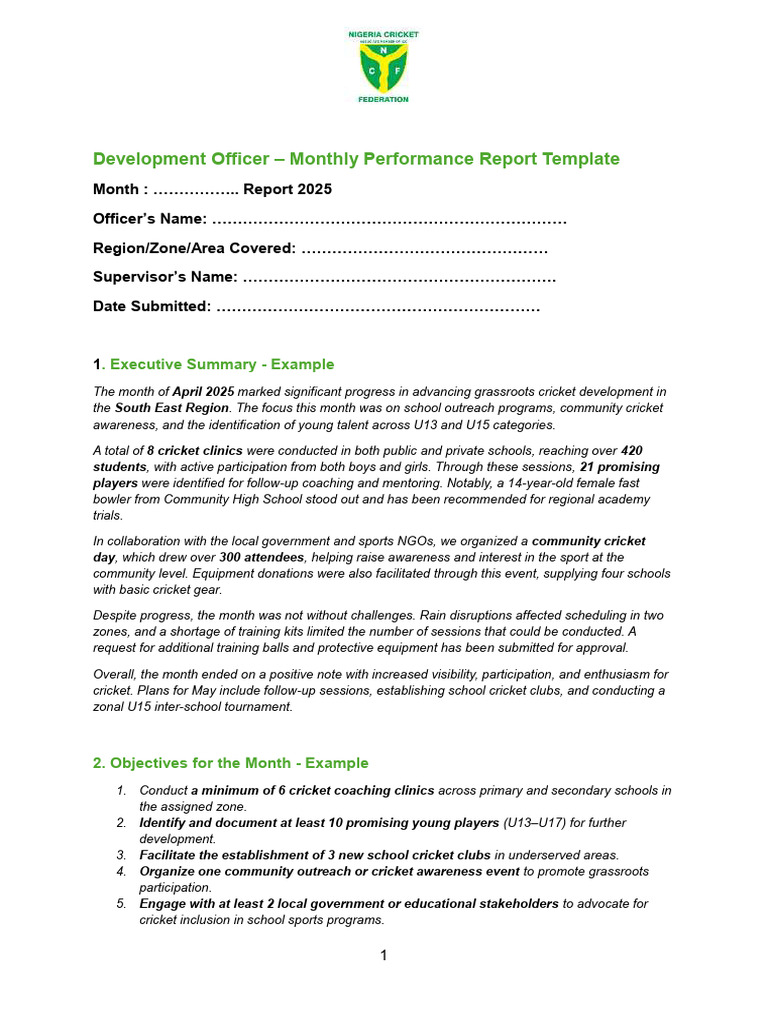 NCF Development Officer Report Template | PDF | Cricket | Ball Games