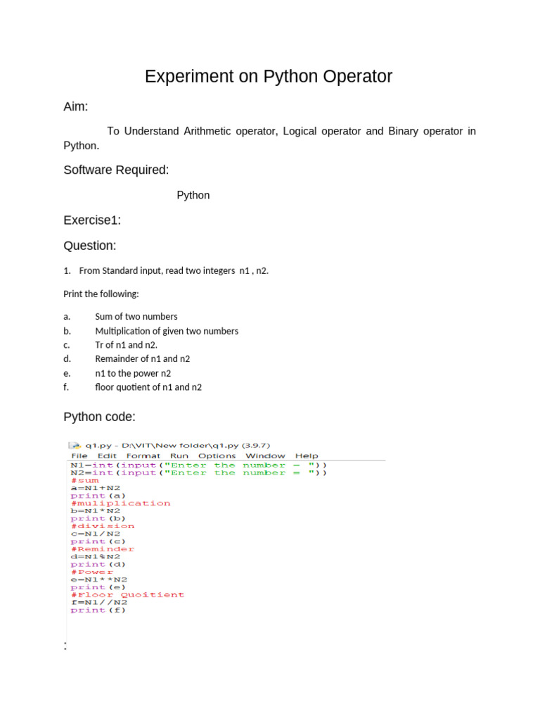 Experiment on Python Operator | PDF | Algorithms | Python (Programming ...